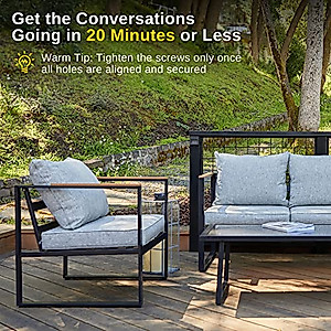 EAST OAK Courtyard Patio Furniture Set, 4-Piece Outdoor Patio Set with Sofa, Removable & Washable Deep Seating Cushion, Tempered Glass Table, Outside Patio Conversation Sets, Black & Grey