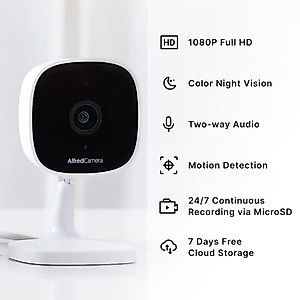 AlfredCamera Indoor Security Bullet Camera (White) - AlfredCam, Plug-in Baby Monitor/Pet Cam- 1080P, Night Vision, Wide-Angle View, Continuous Recording & Stick-On Mount - Works with Alfred Camera App