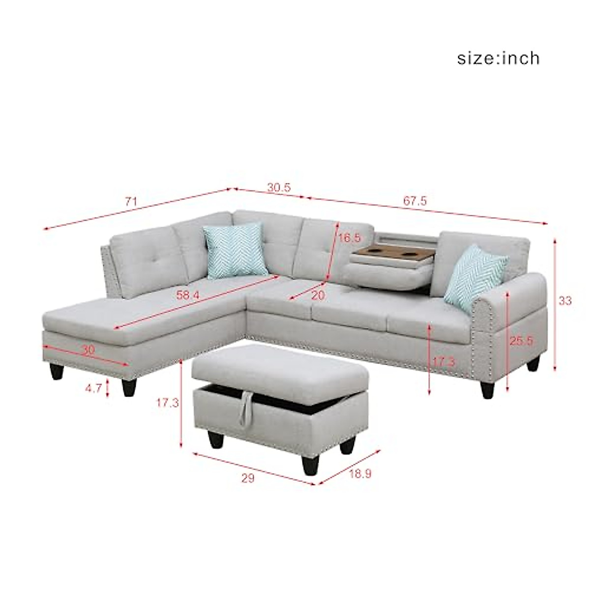 L-Shaped Modular Sectional Sofa Couch with Right Chaise, 5 Seaters Faux Leather Upholstered Corner Sofa&Couch W/2 Cup Holders and Storage Ottoman for Home Apartment Office Living Room Furniture Sets