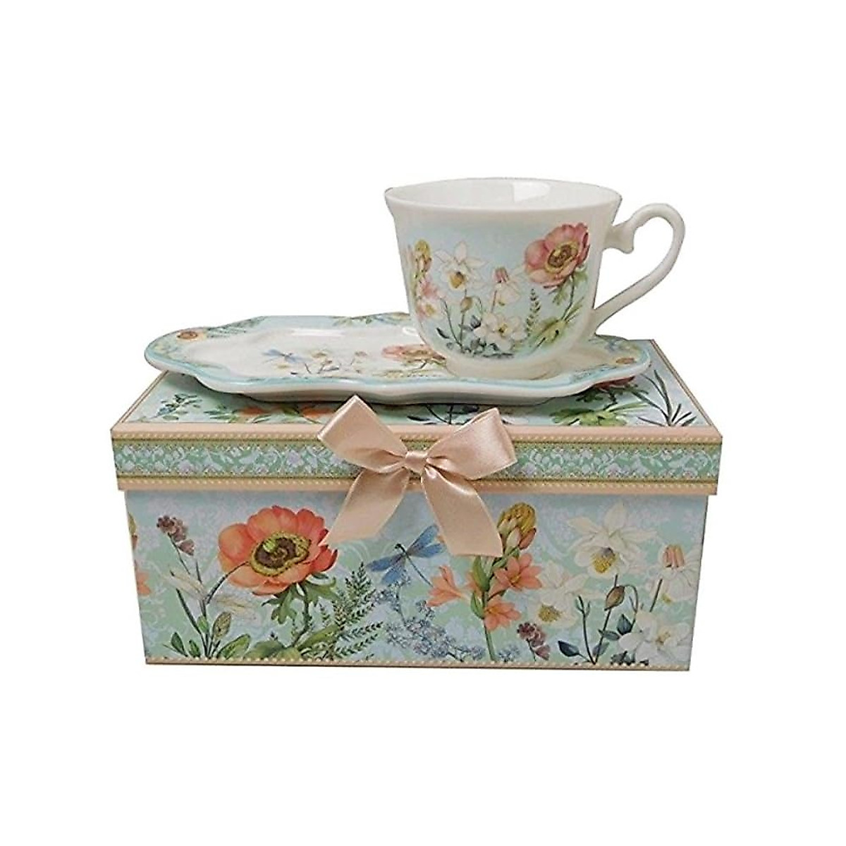 Lightahead® New Bone China Unique Tea Coffee Cup 10 oz and Snack Saucer Set in a Reusable Handmade Gift Box with Ribbon elegant floral design in attractive gift box