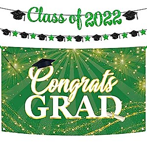 Big, Congrats Grad Banner Green - 72x44 Inch | Green Glitter Class of 2022 Banner - No DIY, 10 Feet | Graduation Banner for Class of 2022 Decorations | Graduation Decorations 2022 Green and Black