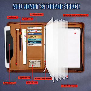 Linaxbong Padfolio Portfolio Business Binders—3 Ring Binders，Secure Zippered Closure，Resume padfolio Business Organizer—Pu Leather Padfolio Portfolio Binders for Men & Women (Brown)