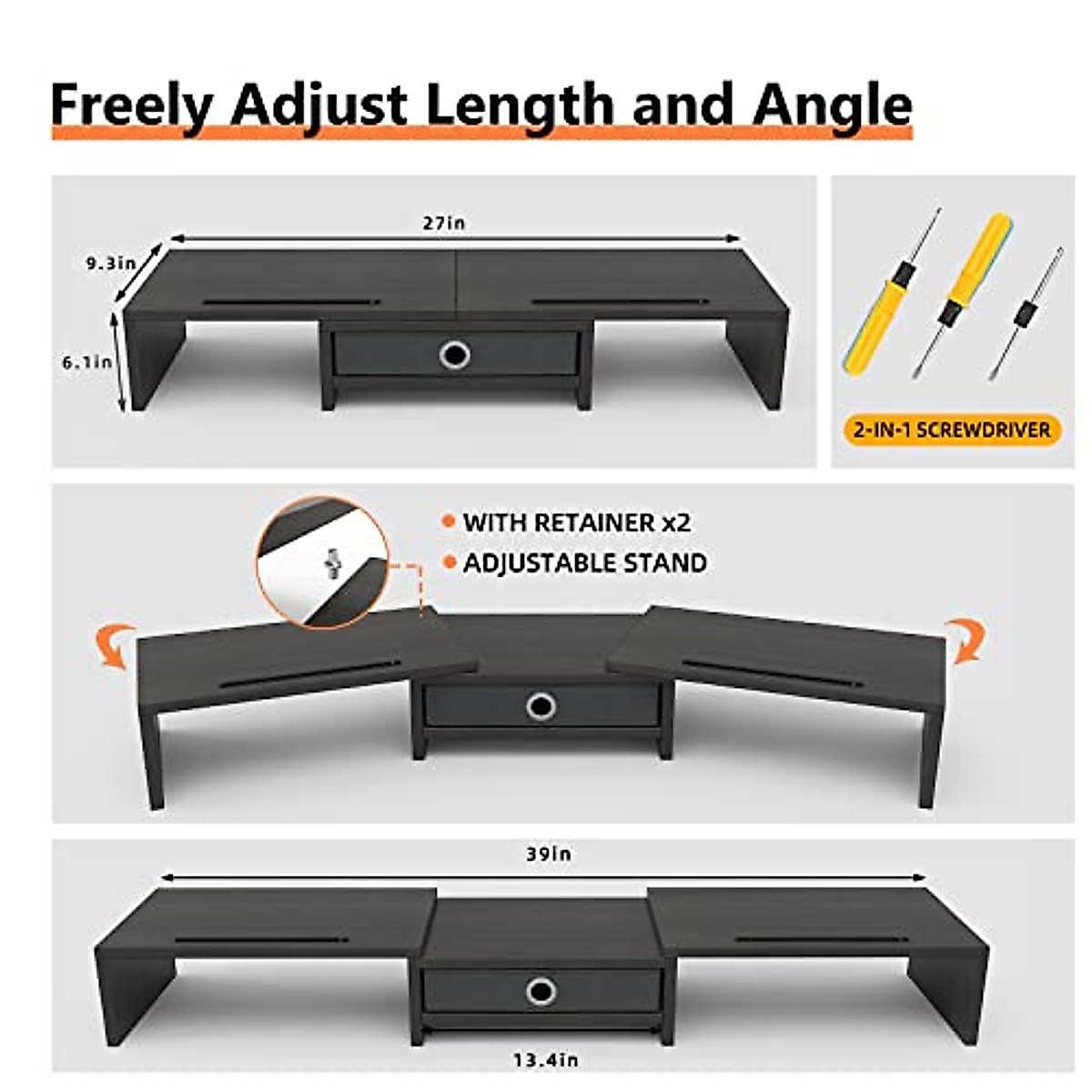 WESTREE Dual Monitor Stand Riser with Drawer, 3 Shelf Computer Monitor Riser with Adjustable Length and Angle, Desktop Monitor Stand Riser Storage Organizer for 2 Monitors