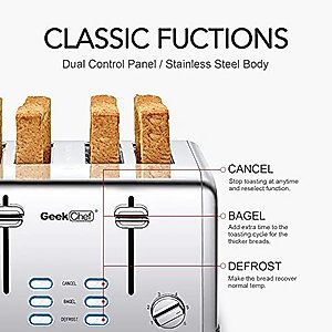 Geek Chef 4 Slice toaster, Best Rated Prime Retro Bagel Toaster with 6 Bread Shade Settings, 4 Extra Wide Slots, Defrost/Bagel/Cancel Function, Removable Crumb Tray, Stainless Steel Toaster (4 slice stainless steel （classic）)