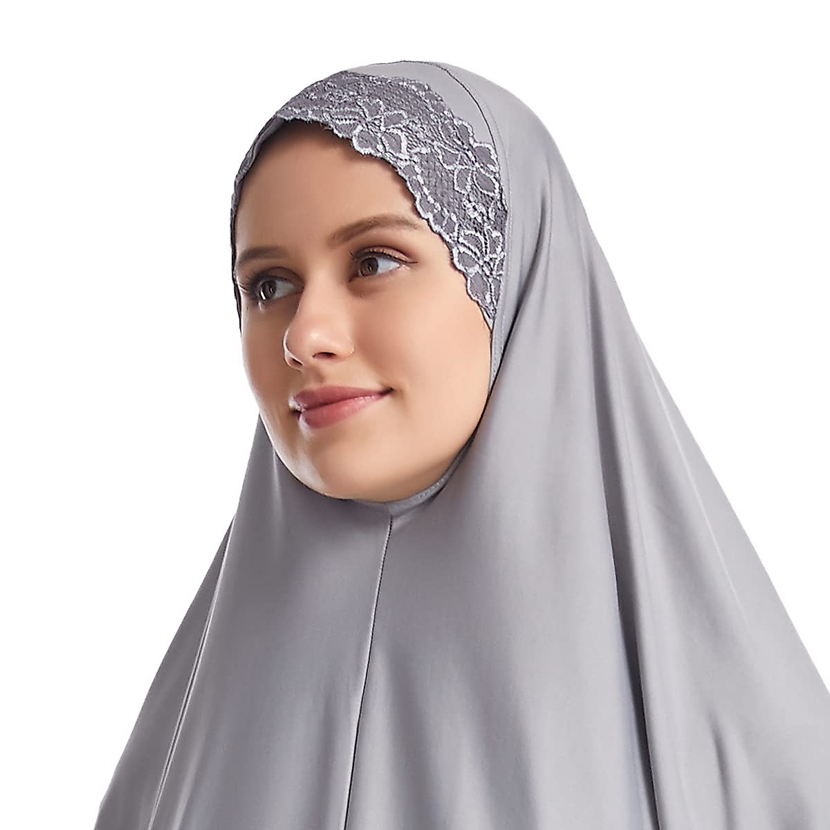 khalat Women's Elegant Hijab Lace Trim Muslim Islamic Ramadan Soft Lightweight Hijab Long Scarf Grey