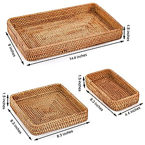 Hacaroa 3 Pack Rectangular Rattan Serving Tray, Hand Woven Wicker Basket Decorative Nesting Tray, Natural Weaving Storage Basket Tray Organizing Platter for Bread, Fruit, Drinks, Snack, 3 Sizes