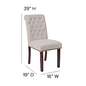 Flash Furniture HERCULES Series Beige Fabric Parsons Chair with Rolled Back, Accent Nail Trim and Walnut Finish
