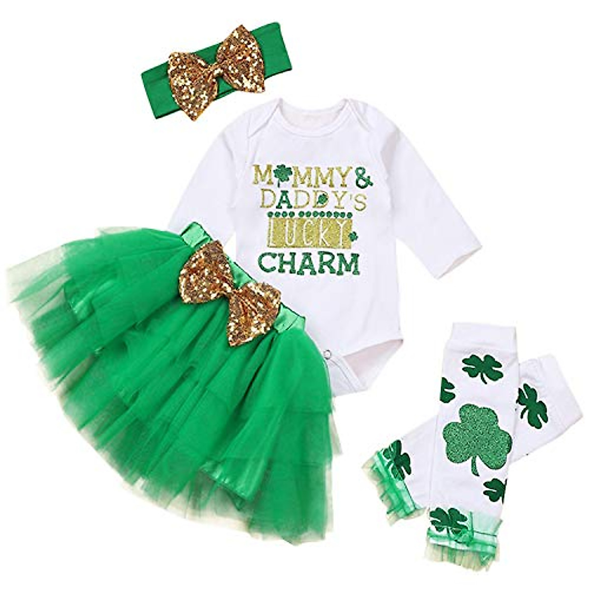 WALSONER My 1st ST.Patrick's Day Outfit Baby Girl Long Sleeve Romper Suspender Skirts with Headband clothes (Green-A, 0-3 Months)