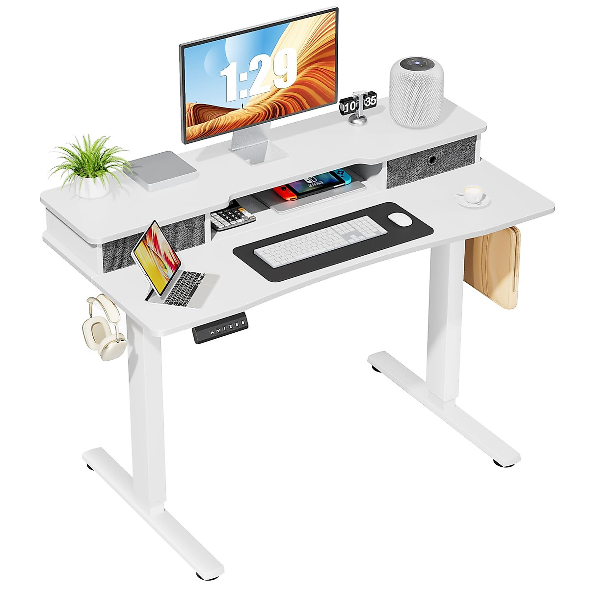 Height Adjustable Electric Standing Desk with Storage Shelf Double Drawer, 48 x 24 Inch Stand up Desk, Sit Stand Desk with Splice Board, Standing Table White Frame/White Desktop for Home Office