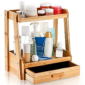 Lyellfe 2 Tier Bamboo Makeup Organizer, Bathroom Counter Organizer with Drawer, Multi-purpose Cosmetic Perfume Display Stand for Skincare, Lipstick, Jewelry, Brush, Easy Assembly