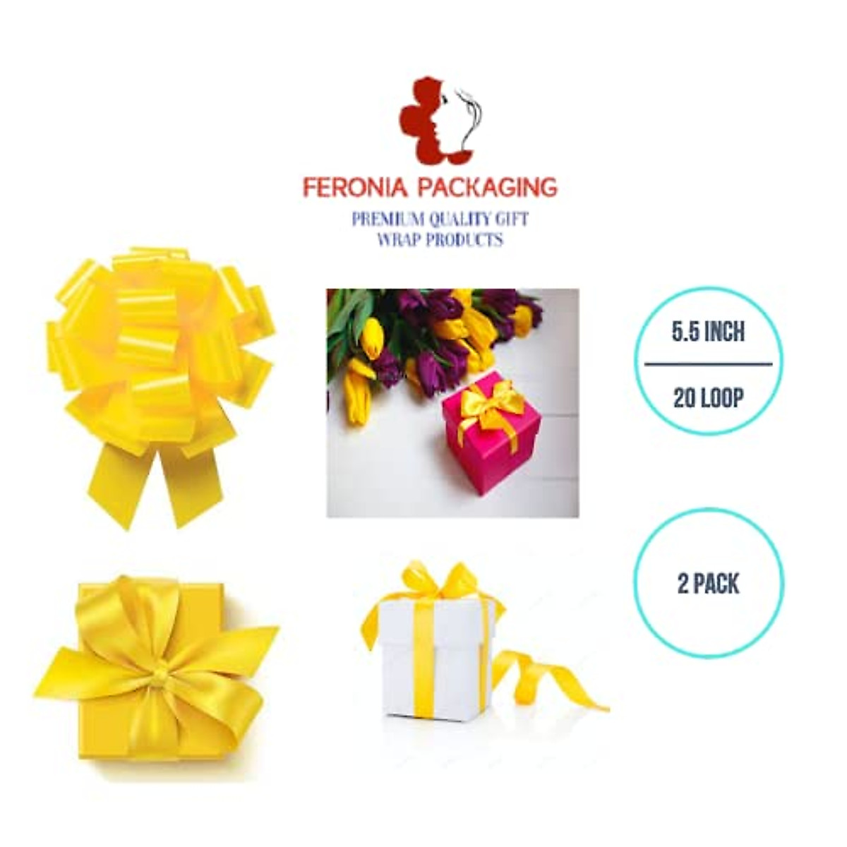 Feronia Packaging 2 Pieces Pull Bow for Gift Wrapping Gift Bows Pull Bow With Ribbon for Wedding Gift Baskets, 5.5 Inch 20 Loop (Yellow)