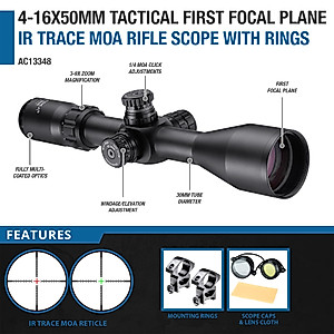 Barska AC13348 4-16x50 First Focal Plane MOA Series Rifle Scope Illuminated Trace MOA Reticle, Black, One Size