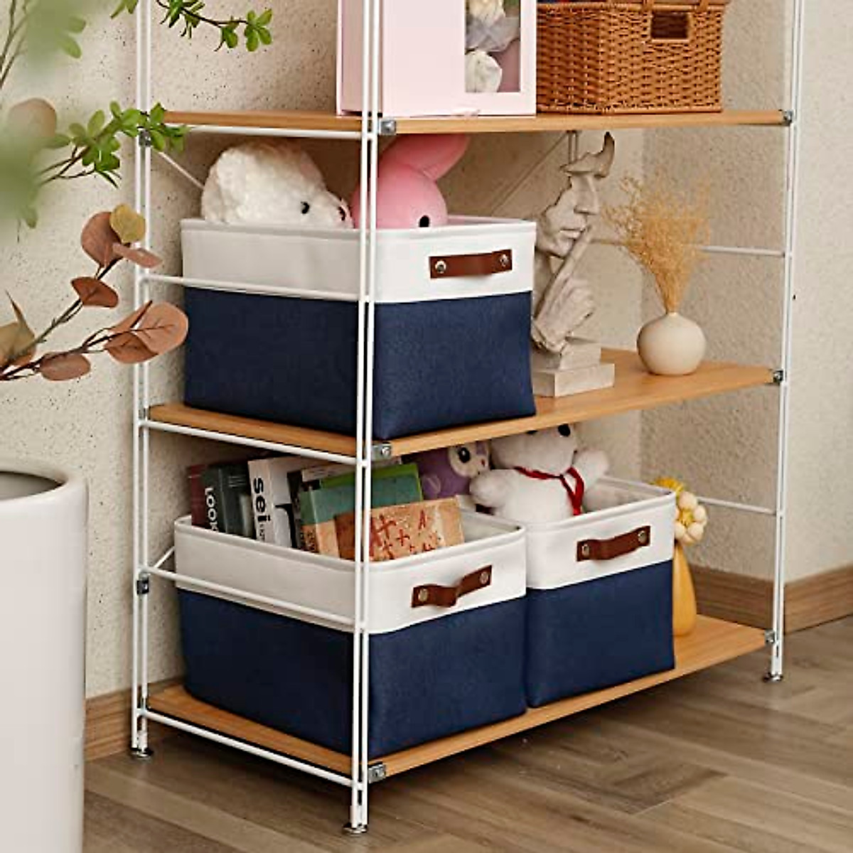 Storage Baskets for Organizing Fabric Baskets for Shelves, Closets, Laundry, Nursery, Decorative Baskets for Gifts Empty (15 x 11 x 9.5 IN - 3Pack, White & Blue)