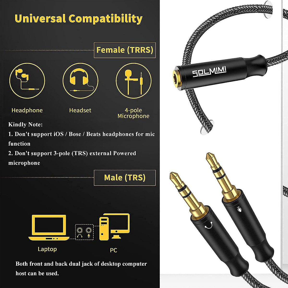 SOLMIMI Bundle Headset Splitter Cable with 4 Pole TRRS Headphone Extension Cable 4FT