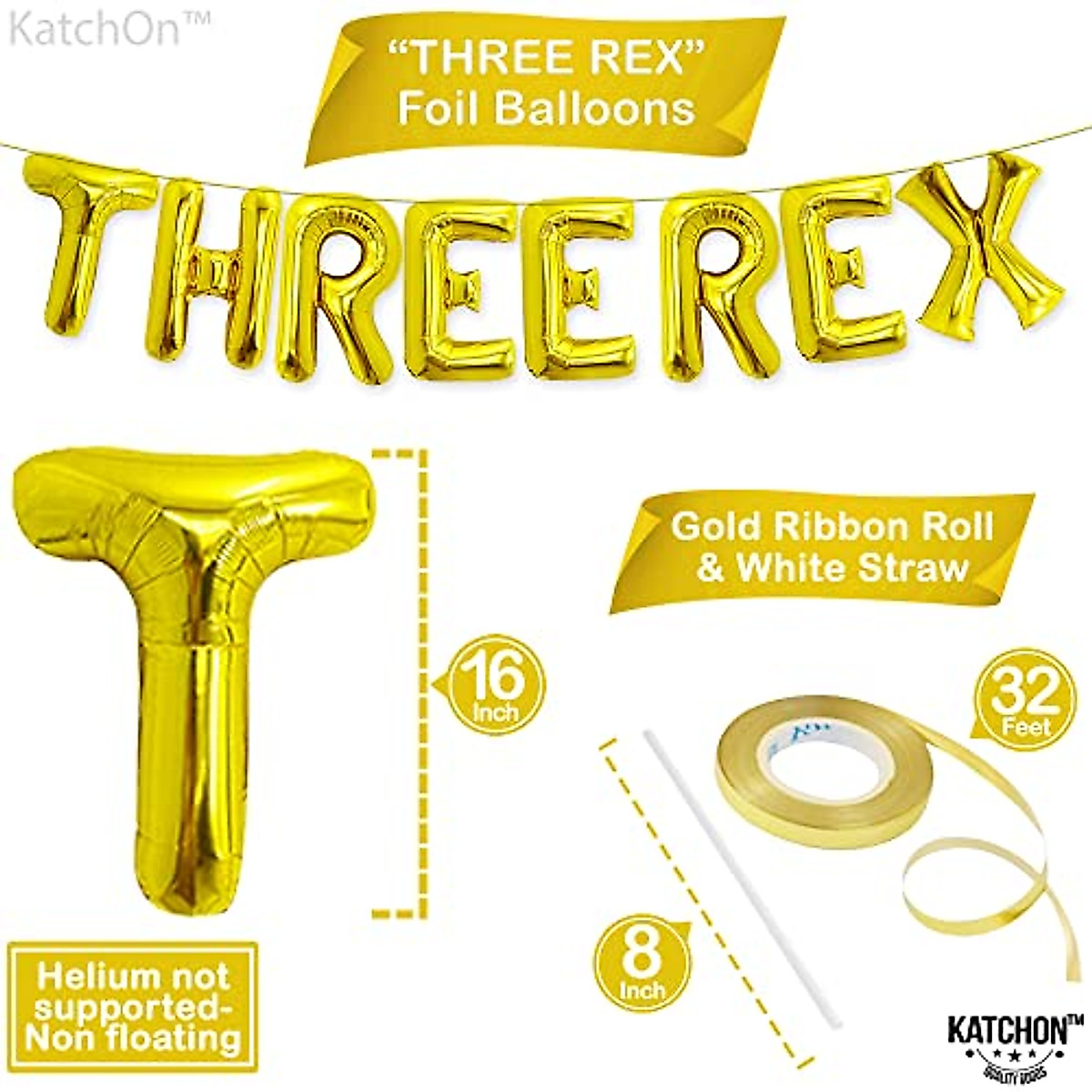 KatchOn, Huge Gold Three Rex Balloons - 16 Inch | Gold Three Rex Birthday Party Decorations | 3 Rex Birthday Decorations Boys | Three Rex Birthday Decorations Boys | Dinosaur Birthday Decorations