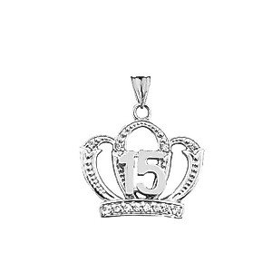 Precious Sterling Silver CZ Quinceanera Sweet 15 Años Princess Crown Pendant Necklace, 16"