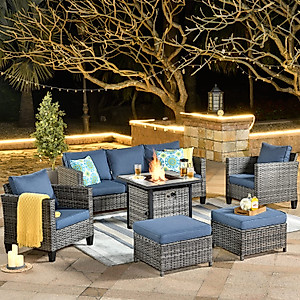 ovios Patio Furniture Set, 6 Pieces Outdoor Conversation Set with 30 Inch Gas Fire Pit Table Modern Wicker Rattan Sofa Set with Comfortable Cushion, Ottomans, Denim Blue