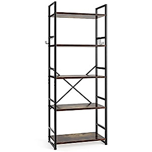HAIOOU Industrial Bookshelf, 5 Tier Tall Bookcase with 4 Hooks, Vintage Storage Rack Organizer Free Standing Wood Book Shelf Black Metal Frame Shelving Unit for Home, Office, Kitchen - Rustic Brown