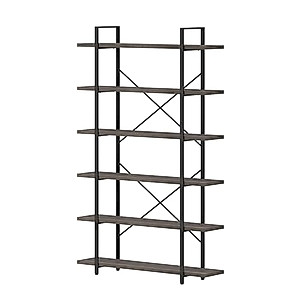 HSH Industrial Tall Bookshelf, Large Vertical Wood and Metal 6 Tier Book Shelf, Open 6 Shelf Bookcase for Bedroom Living Room Office, Vintage Display Storage Bookshelves and Bookcases, Dark Gray Oak
