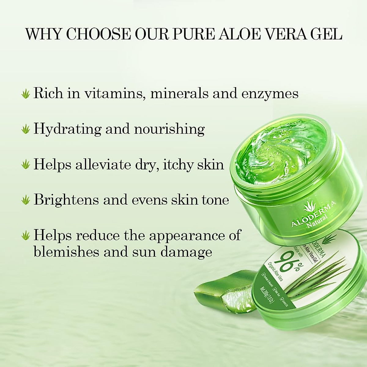Aloderma Organic Aloe Vera Gel for Face & Body, 96% Pure Aloe Gel Made within 12 Hours of Harvest, Ideal for Skin, Scalp, & Hair Hydration, Calming Moisturizer for Soothing After Sun Care Relief, 7oz