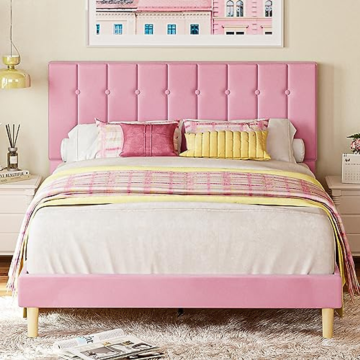 LIKIMIO Full Bed Frames, Velvet Upholstered Platform Bed Frame with Headboard and Strong Wooden Slats, No Box Spring Needed/Noise-Free/Easy Assembly, Pink