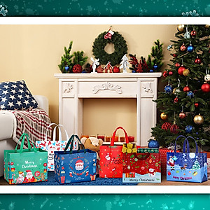 36 Pcs Christmas Tote Bags Reusable Gift Bag Large Christmas Bags with Handles Grocery Shopping Totes Gift Wrap Bags for Holiday Xmas Christmas Party Favors, 12.6'' x 9.84'' x 6.69'', 18 Styles