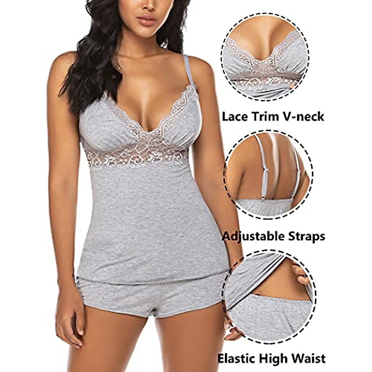 Avidlove Womens Sleepwear Lace Pajamas Cami PJS Set Sexy Nightwear (X-Large, Gray)