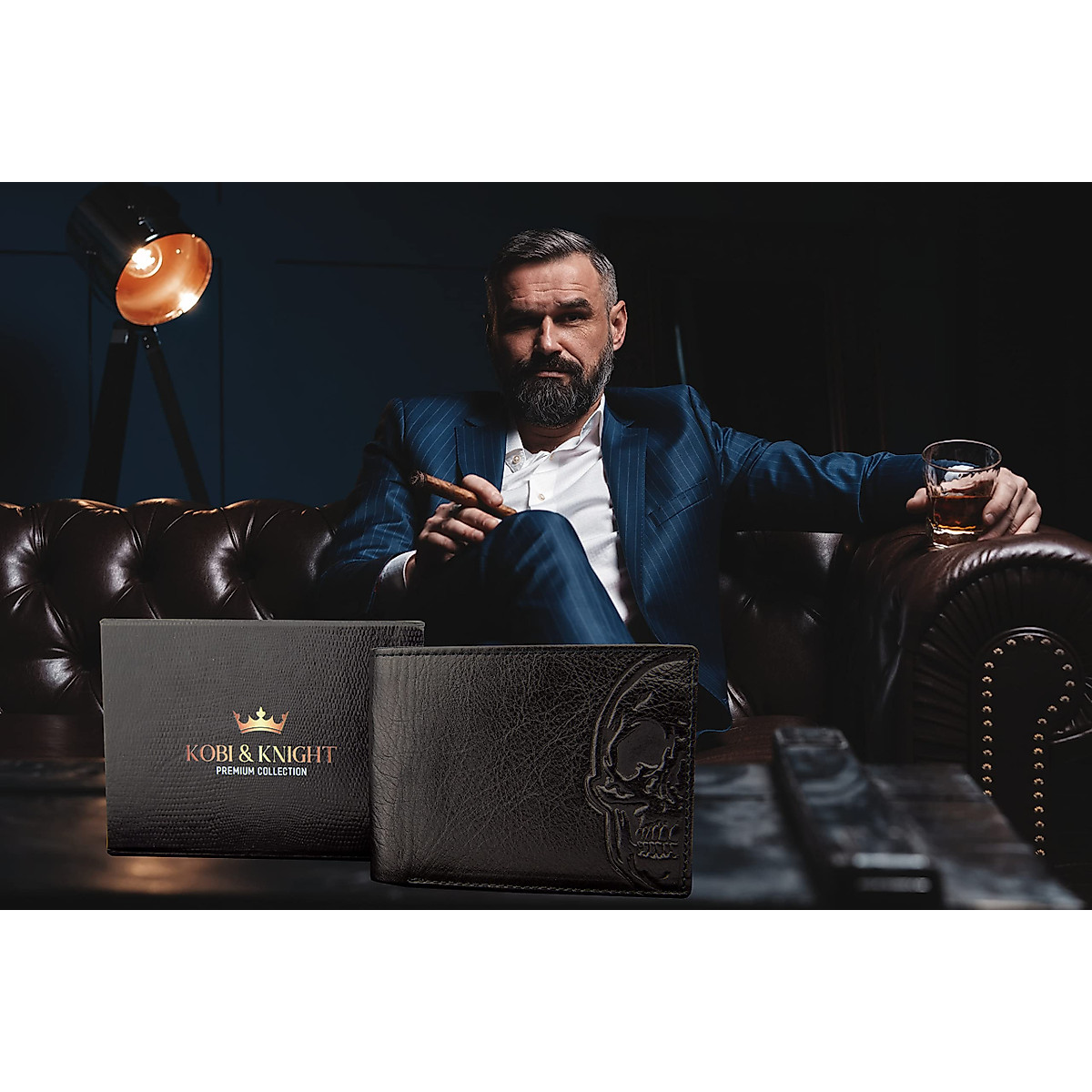 Kobi & Knight Mens Leather Skull Wallet | Bifold Wallet with Embossed Skull Design | Full Grain Leather Wallet in Gift Box | Gift Idea For Men