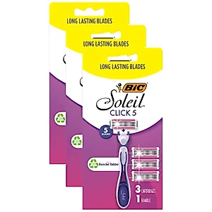 BIC Soleil Click 5 Women's 5-Blade Disposable Razor, 1 Handle and 3 Cartridges (Pack of 3)