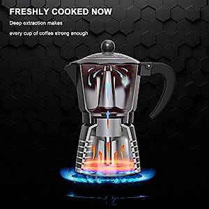 RAINBEAN Moka Pot 6 Cup Set Espresso Maker, Steam Italian Stovetop Coffee Makers Percolator, Aluminum Ripple Ring Design, Easy To Use & Clean, 2 Ceramic Cups | Stainless Spoon | Black