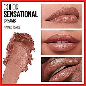 Maybelline Color Sensational Lipstick, Lip Makeup, Cream Finish, Hydrating Lipstick, Nude, Pink, Red, Plum Lip Color, Naked Dare, 0.15 oz; (Packaging May Vary)