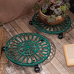 Sungmor Cast Iron Plant Caddy with Wheels, 2PC 14.8" Large & Heavy-duty Rolling Plant Stands, Pretty Garden Pots Tall Planter Dolly, Round Flower Pot Mover Metal Plant Pallet Trolley Tray with Casters