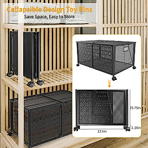 LOEVIICA Toy Box Toy Chest with Rotating Wheels and Sturdy Metal Lid, Metal Toy Organizers and Storage Boxes Baskets for Boys Girls Kids Room (Black (Small 2 Pack))