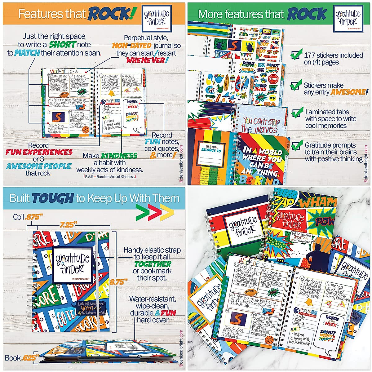 Denise Albright Gratitude Finder® 52 Week Non-Dated Journal for Boys with 177 Totally Cool Hand-Illustrated Stickers (Super Kiddo)