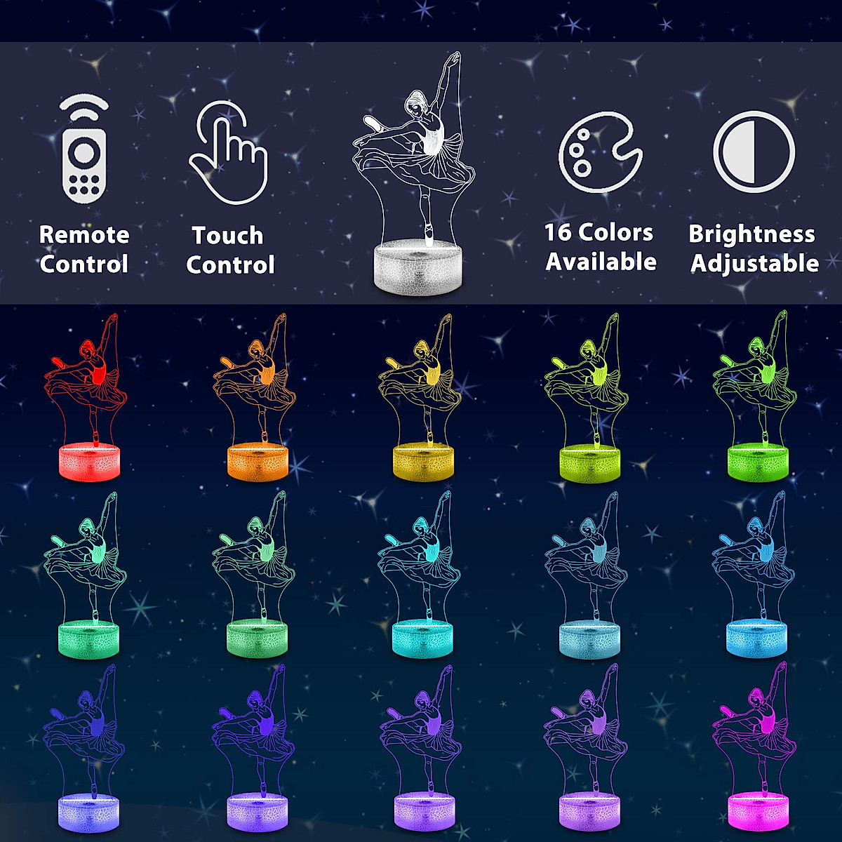 Lampeez Kids 3D Ballerina Night Light Ballet Dancer Gifts Lamp with 16 Colors Remote Control Changing Birthday Xmas Valentine's Day Gift Idea for Boys and Girls