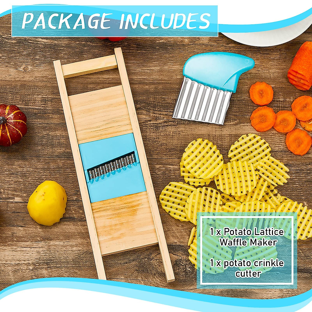 2 Pcs Wave Waffle Cutter and Crinkle Cutter Set Waffle Fry Cutter Potato Cutter Stainless Steel Potato French Fry Cutter Slicer Crinkle Choppers Potato Lattice Maker for Kitchen Tools (Blue)