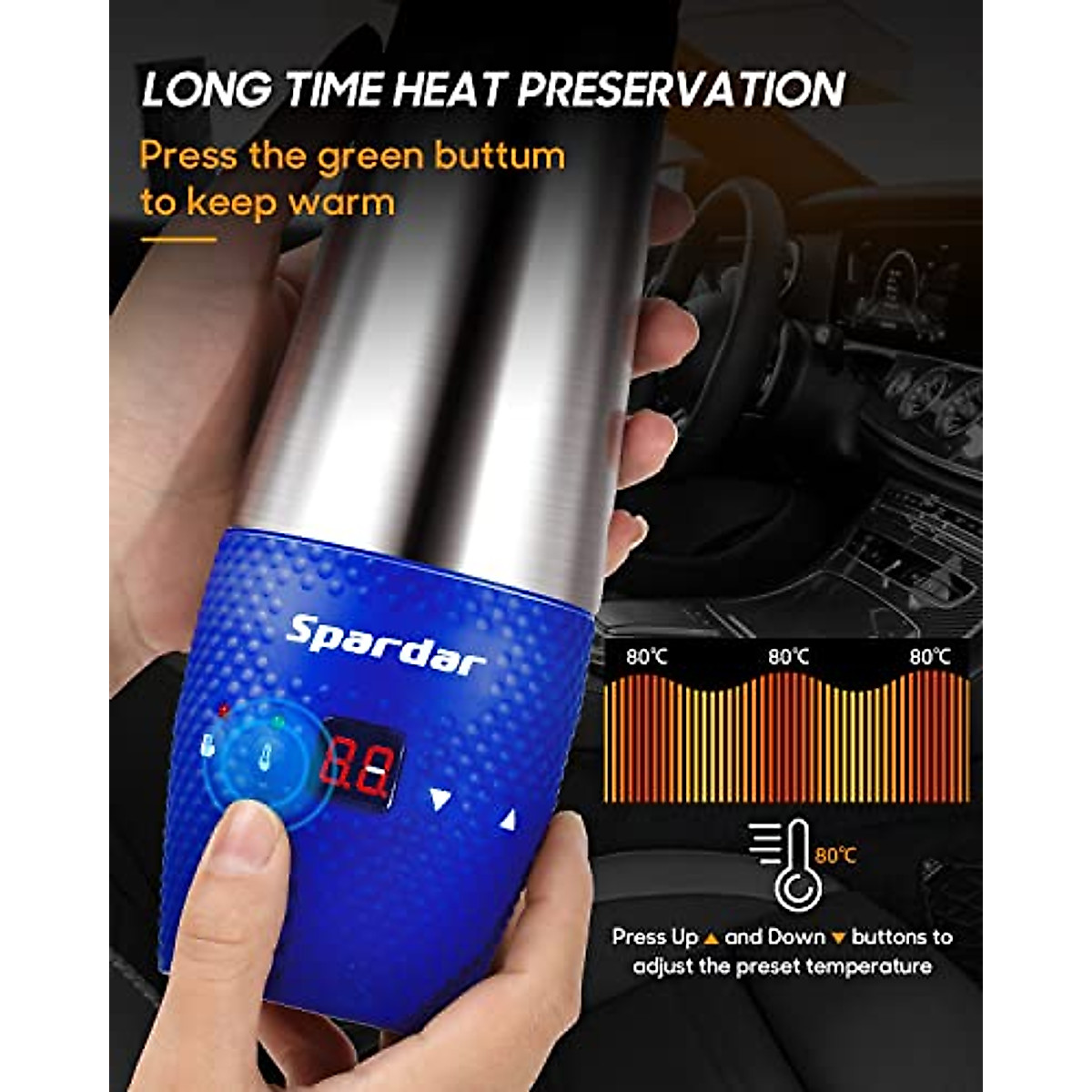 Car Kettle 12V, Portable Car Kettle Water Boiler with Temperature Control, Stainless Steel Inner, Quick Boiling, Auto Shut-Off, Leak Proof and Boil-Dry Protection, 348ml