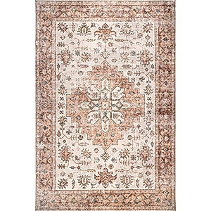 nuLOOM Dawson Machine Washable Distressed Medallion Ultra Thin Area Rug, 8' x 10', Peach