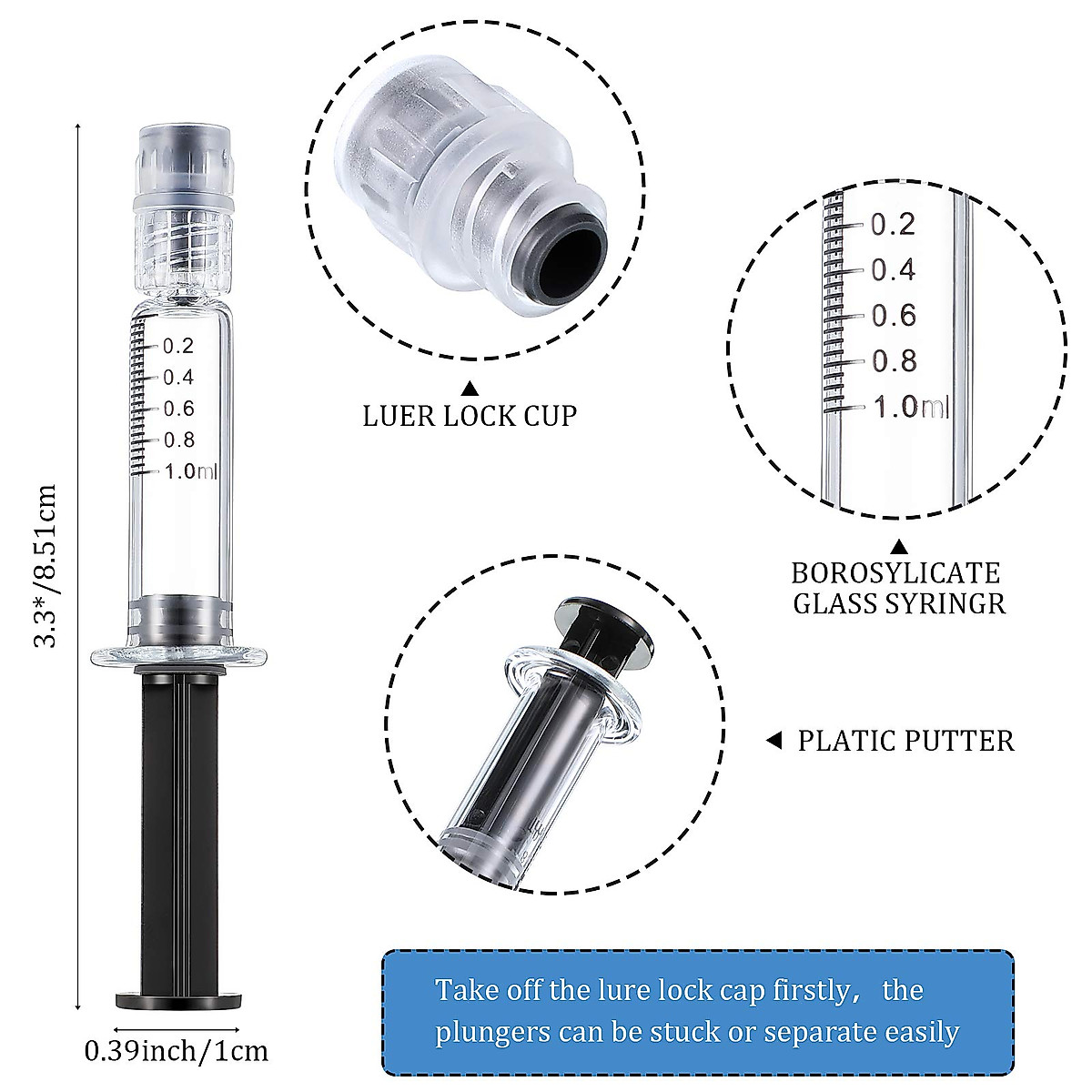 Nuanchu 1ml Borosilicate Glass Syringe Anti Leak Luer Connector Dispenser Without Needle Heat Resistant Accurate Measuring Tool for Thick Liquids, Glue, Ink, Pet Feeding(100 Pieces)