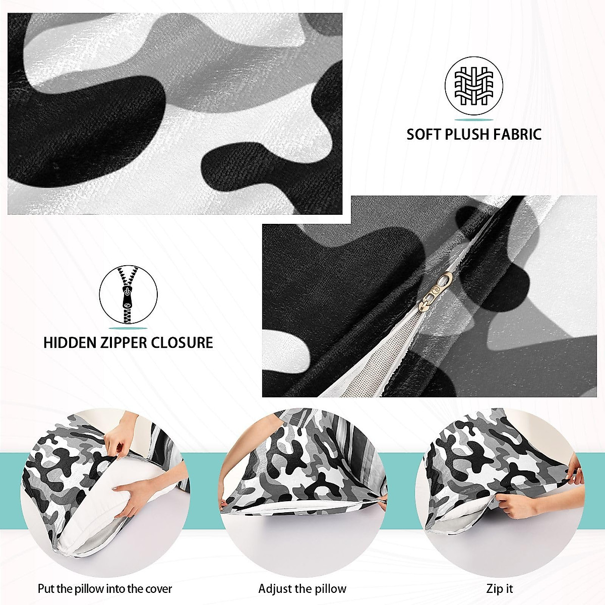 Black White Camouflage Zipper Pillowcase Soft Body Pillow Cover with Zipper King Size Pillow Case for Couches Living Room Bed 20x40in