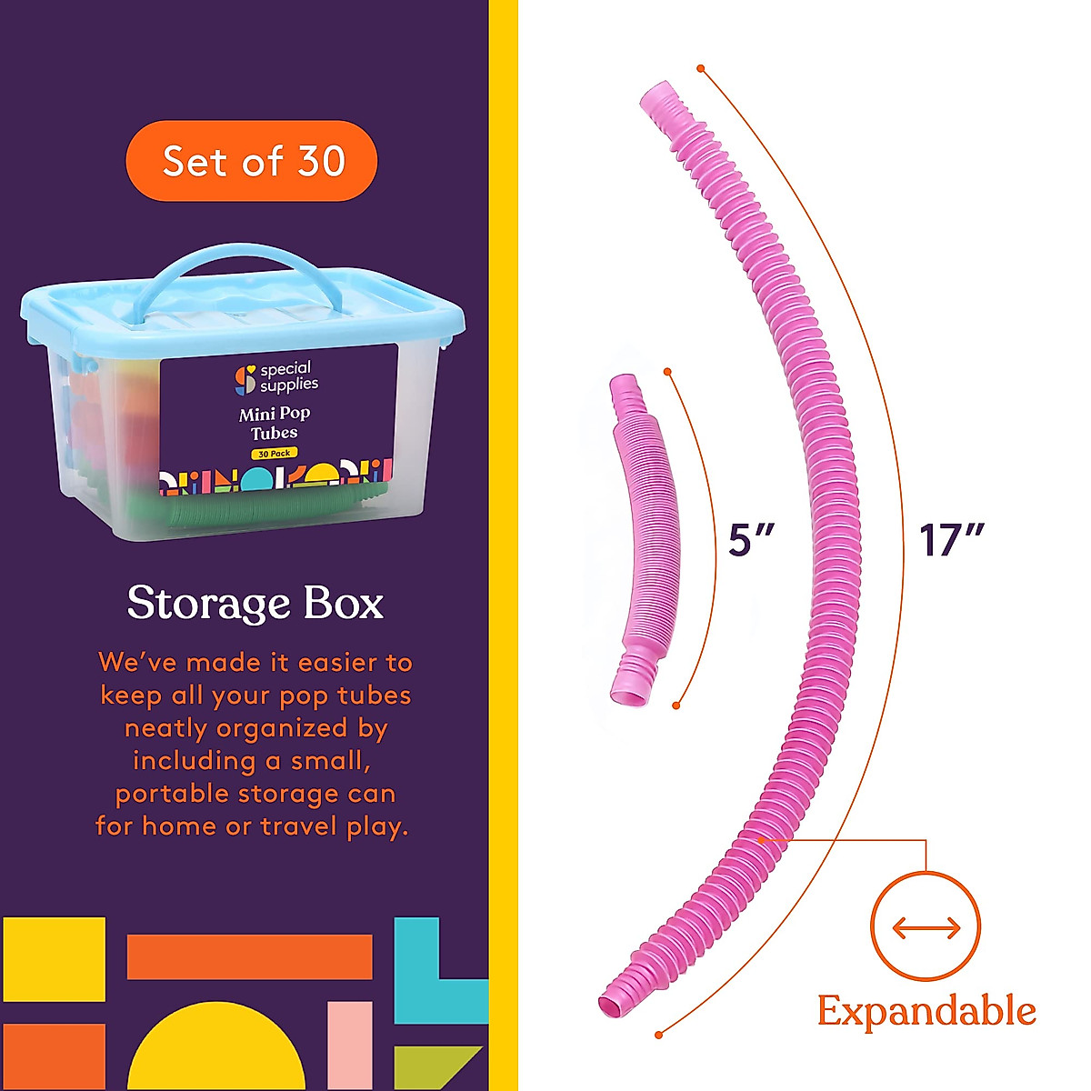 Special Supplies 30-Pack Mini Fun Pull and Pop Fun Tubes Mini for Kids Stretch, Bend, Build, and Connect Toy, Provide Tactile and Auditory Sensory Play, Reusable Storage Container, Colorful