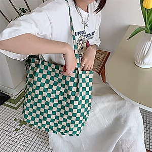 PAZIMIIK Corduroy Tote Bags for Women Reusable Grocery Shopping Shoulder Go-to Everyday Bag with Canvas Lining for Work Travel,Checkered Green