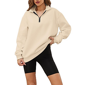 Meladyan Women's Half Zip Sweatshirt Oversized Long Sleeve Collar Drop Shoulder Solid 1 / 4 Zipper Pullover Coat, Apricot, Medium