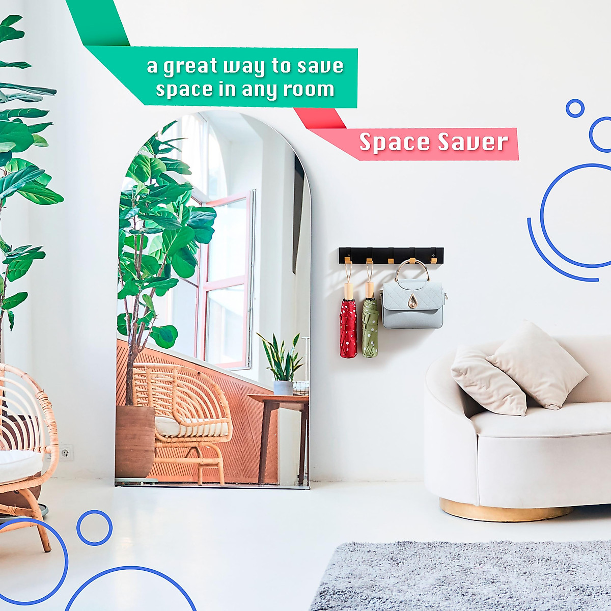 GRATIAM Coat Rack Wall Mount with 5 Gold Hooks, Space-Saving Organizer for Hats, Bags, Jackets, Umbrella, Scarves, Designer Home Decor for Entryway, Bathroom, Bedroom (Black+Gold, 5 Hooks)