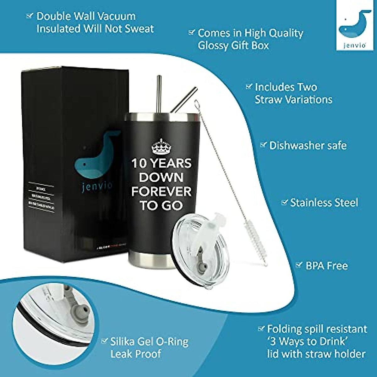 JENVIO 10 Year Anniversary for Him | 20oz Steel Travel Tumbler/Mug for Coffee or Cold Drinks | 10th tenth best Wedding Cup Gifts for Men Her Woman Work Husband Idea