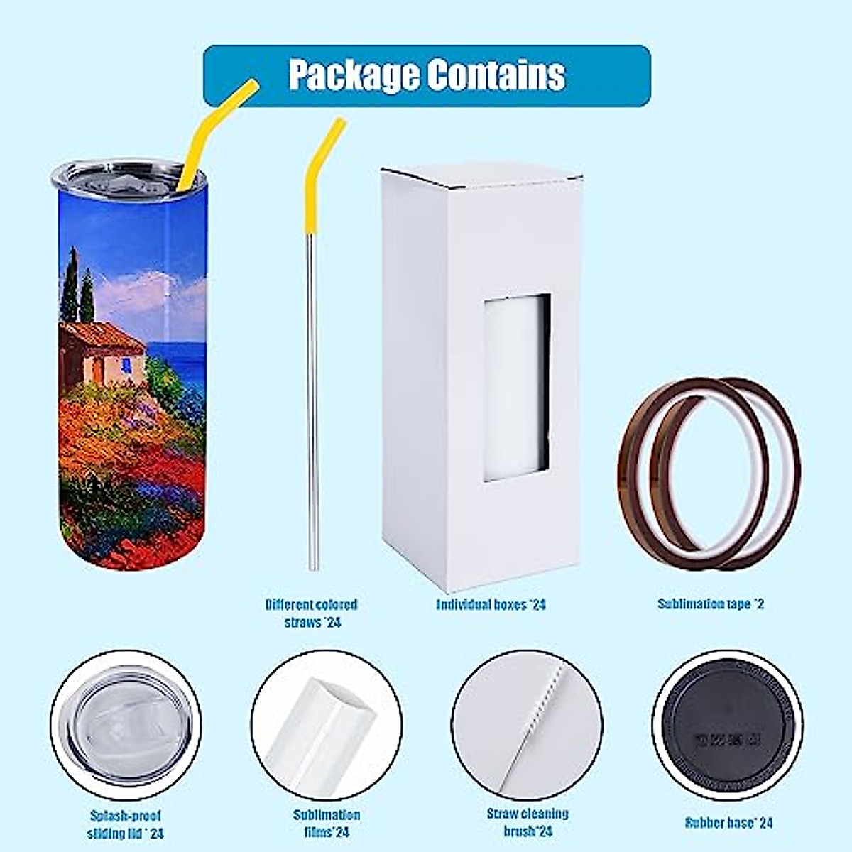 Taitaibao 24 Pack Sublimation Tumblers Blank 20 oz Skinny straight Bulk for Heat Transfer,Stainless Steel Double Wall Insulated Sublimation Tumbler with Lids,and Straw,Individually Boxed