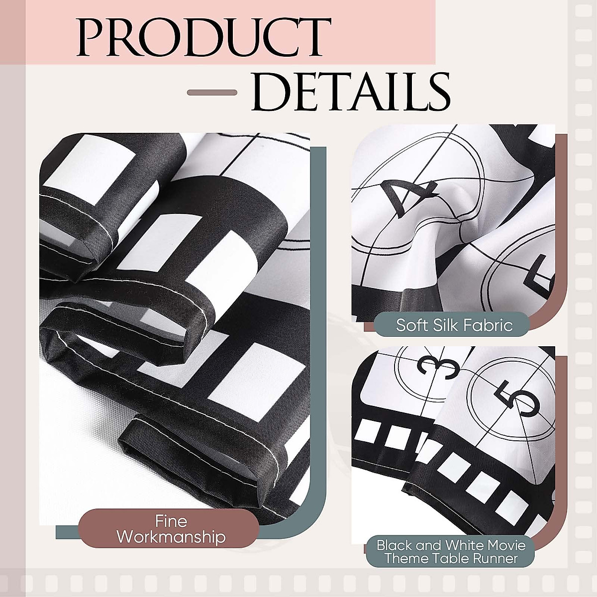 Movie Night Table Runner, 12 x 72 Inch Black and White Printed Filmstrip Table Runner Movie Reel Decor Movie Theme Tablecloth Decorations for Kitchen Film Party (Classic Style, 3 Pcs)
