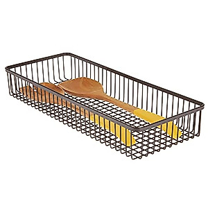 mDesign Metal Farmhouse Kitchen Cabinet Drawer Organizer Basket Tray, Shallow Storage Bin for Cutlery, Serving Spoons, Cooking Utensils, Appliances, Gadgets, Unity Collection, 15" Long, 2 Pack, Bronze