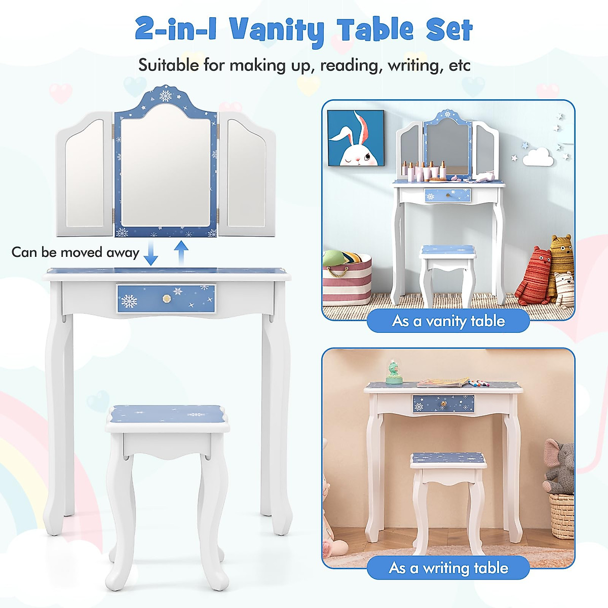 Olakids Kids Vanity Set, 2 in 1 Wooden Princess Makeup Table and Chair Set with Detachable Tri-Folding Mirror Storage Drawer, Snowflake Themed Girls Pretend Beauty Dressing Play Toy Gift (Blue)