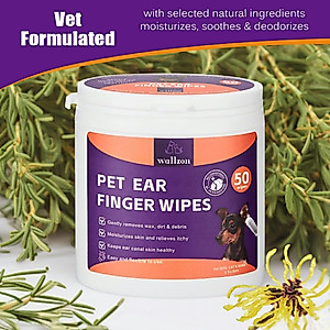 WALLZON Ear Cleanser Relief Finger Wipes | Ear Cleaning Finger Wipes for Dogs and Cats | Disposable Pet Ear Cleaner Wipes | Relieve Itching & Remove Odor | Ear Care Wipes for Pet (50 Counts)